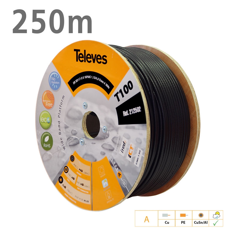 CABLES / COAXIAL / 212502 Coaxial Cable T-100 Cu CuSn/AL Fca PE Black 250m
