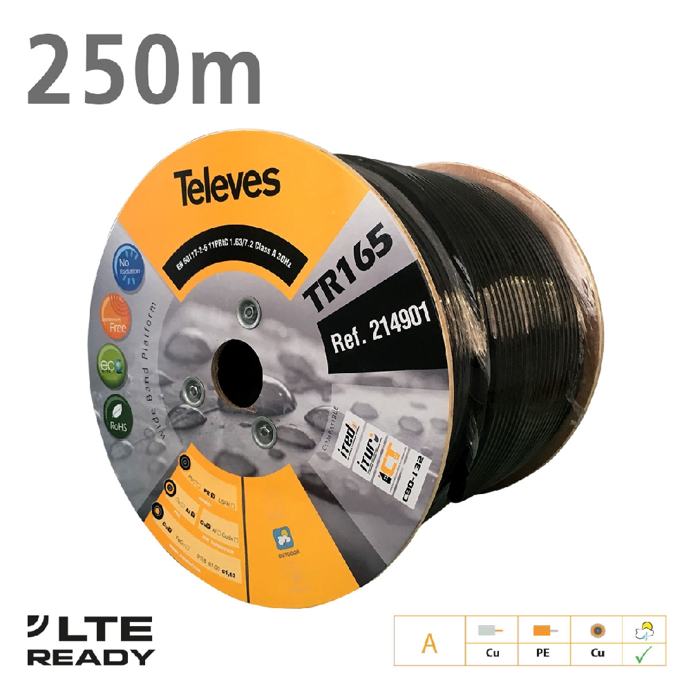 CABLES / COAXIAL / 214901 Coaxial Cable RG11 TR-165 Cu/Cu Fca PE Black 250m